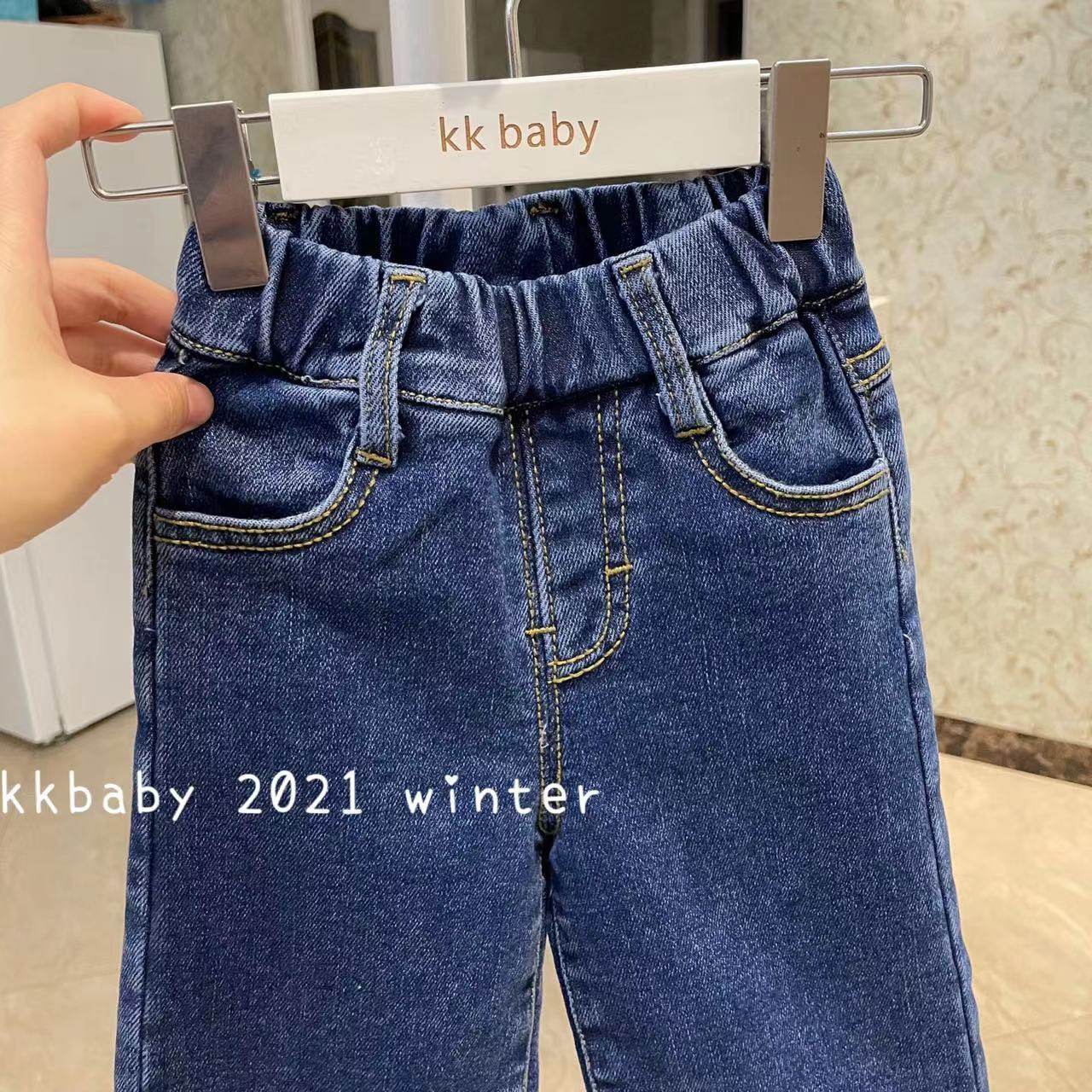 kkbaby韩版童装21冬女童洋气时尚纯色舒适薄绒阔腿裤直筒裤牛仔裤_虎窝淘