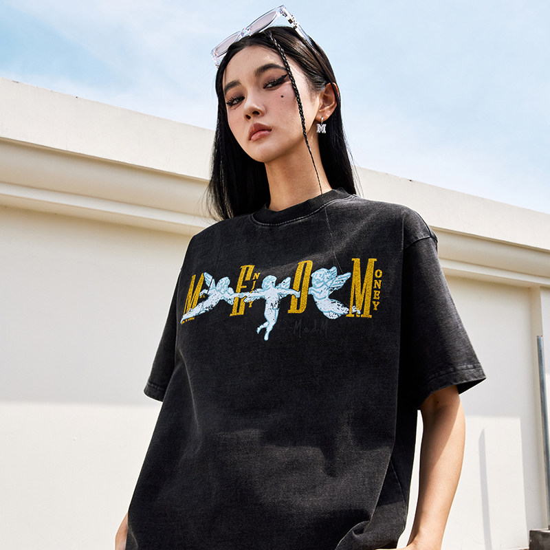 MEDM重水洗烫金天使国潮美式hiphop休闲短袖t恤男士夏季潮牌街头_虎窝淘