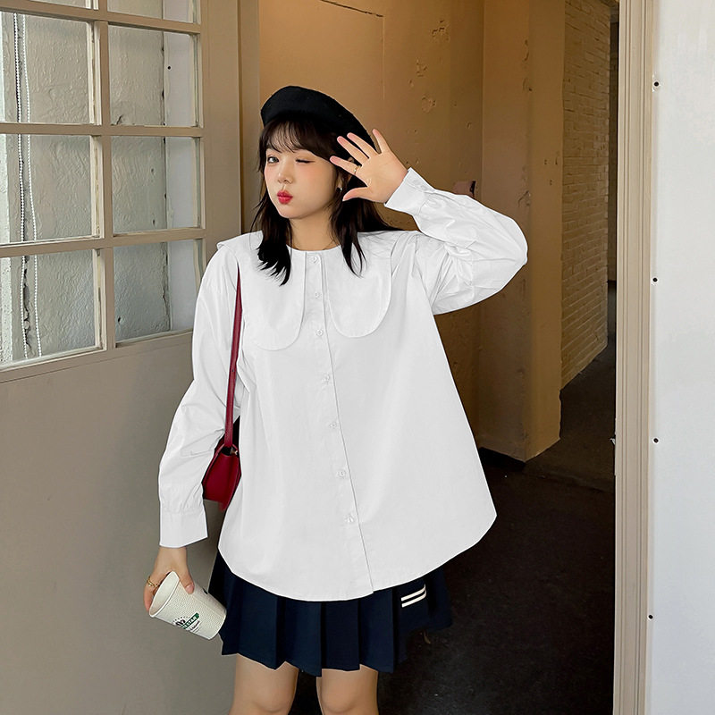Vaee大码女装娃娃领衬衫上衣女秋季新款学院风胖妹妹宽松显瘦衬衣_虎窝淘