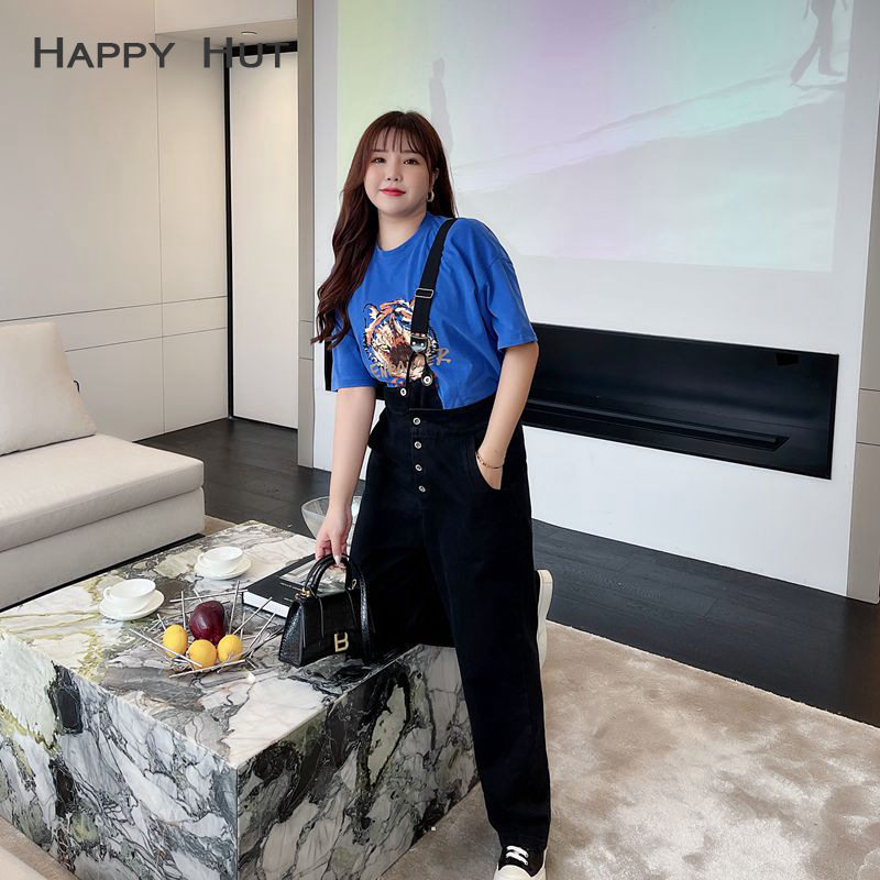 Vaee大码女装背带裤2021秋冬新款胖mm港味单肩带裤子女高腰牛仔裤_虎窝淘