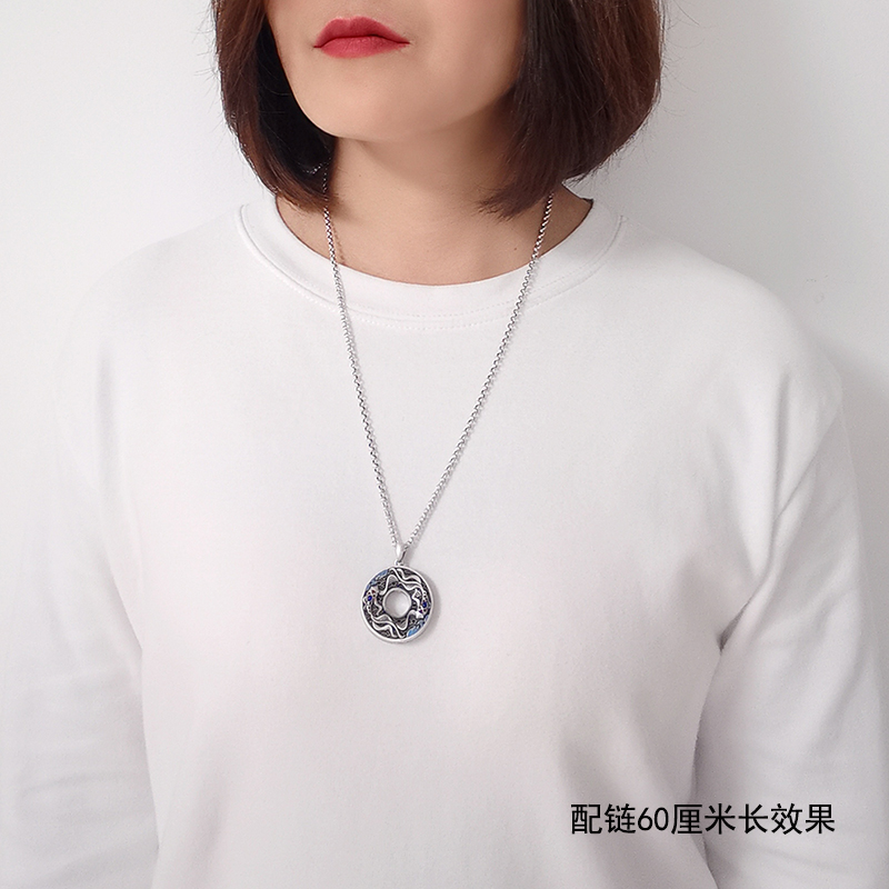 双鱼平安扣纯银项链S999.9足银正品毛衣链长款吊坠复古景泰蓝国潮_虎窝淘