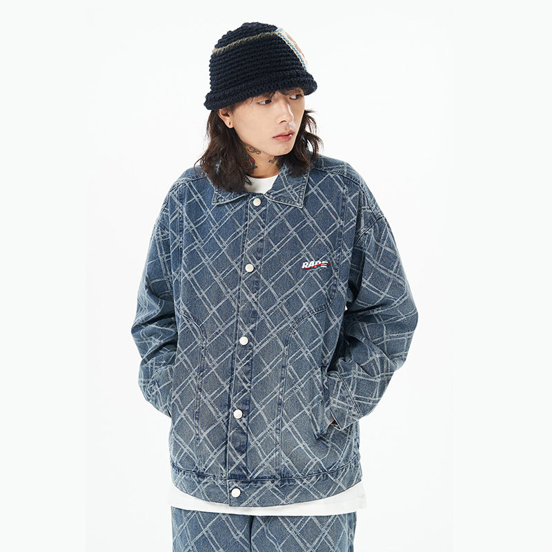 RAPPEYE网格牛仔套装春季新款美式休闲上衣宽松街头满印夹克外套_虎窝淘