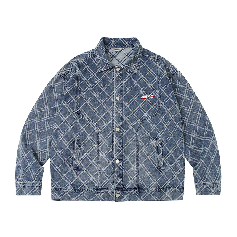 RAPPEYE网格牛仔套装春季新款美式休闲上衣宽松街头满印夹克外套_虎窝淘
