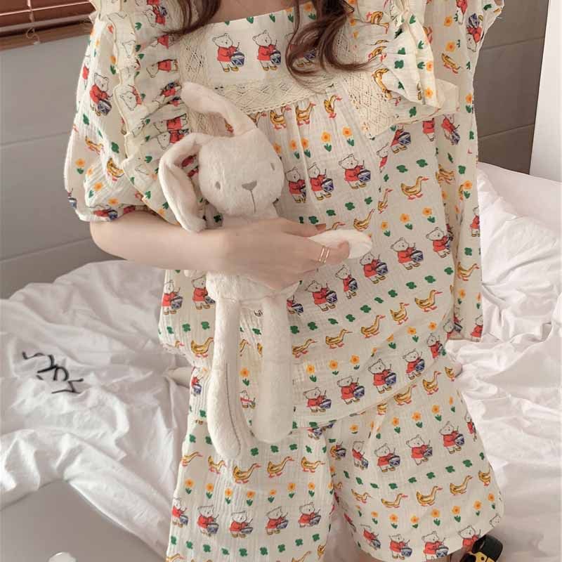韩版INS夏季小熊睡衣女纯棉纱布可爱卡通花边睡裙短袖短裤家居服_虎窝淘