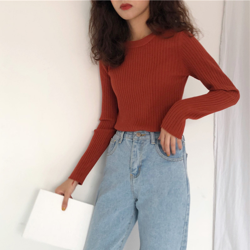 复古chic砖红色毛衣女冬季内搭打底修身弹力软糯针织衫铁锈红上衣_虎窝淘