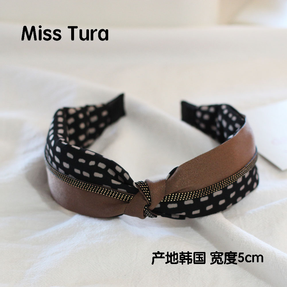 Miss Tura韩国棕色布艺拼接简约发饰黑白波点发箍中间打结头箍_虎窝淘