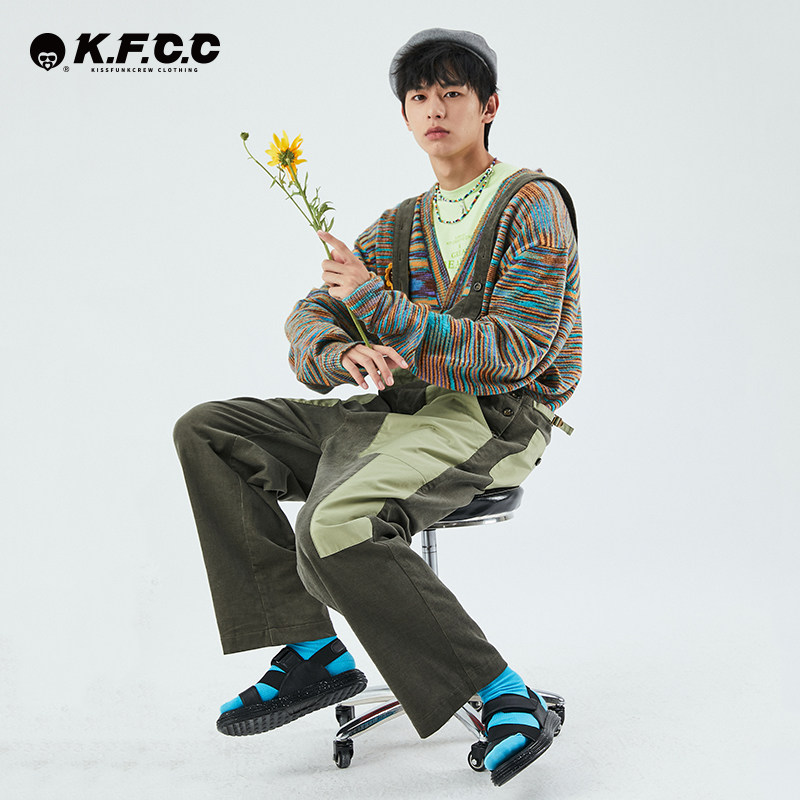 【KFCC】KISSFUNK拼接灯芯绒工装裤男女宽松减龄复古背带裤情侣春_虎窝淘