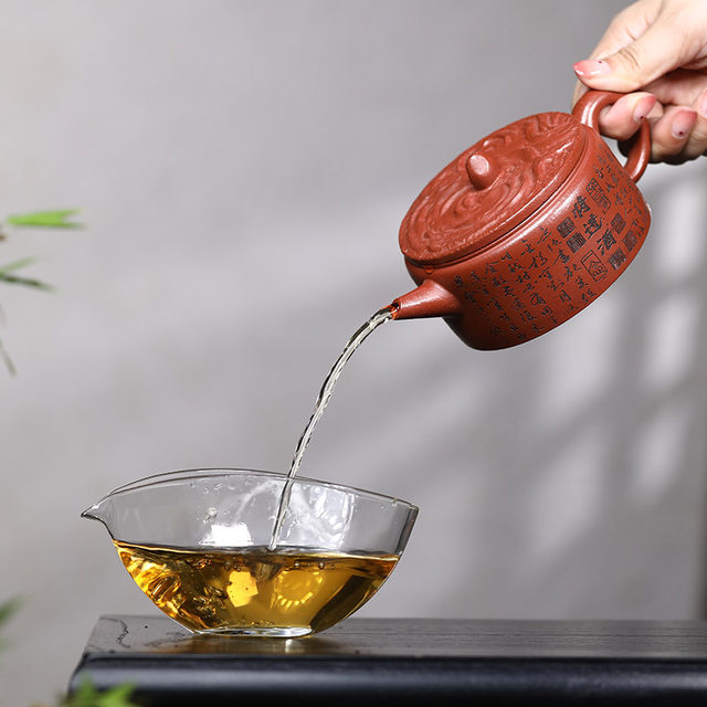 Yixing purple sand pot pure handmade raw ore red mud carved large mouth ...