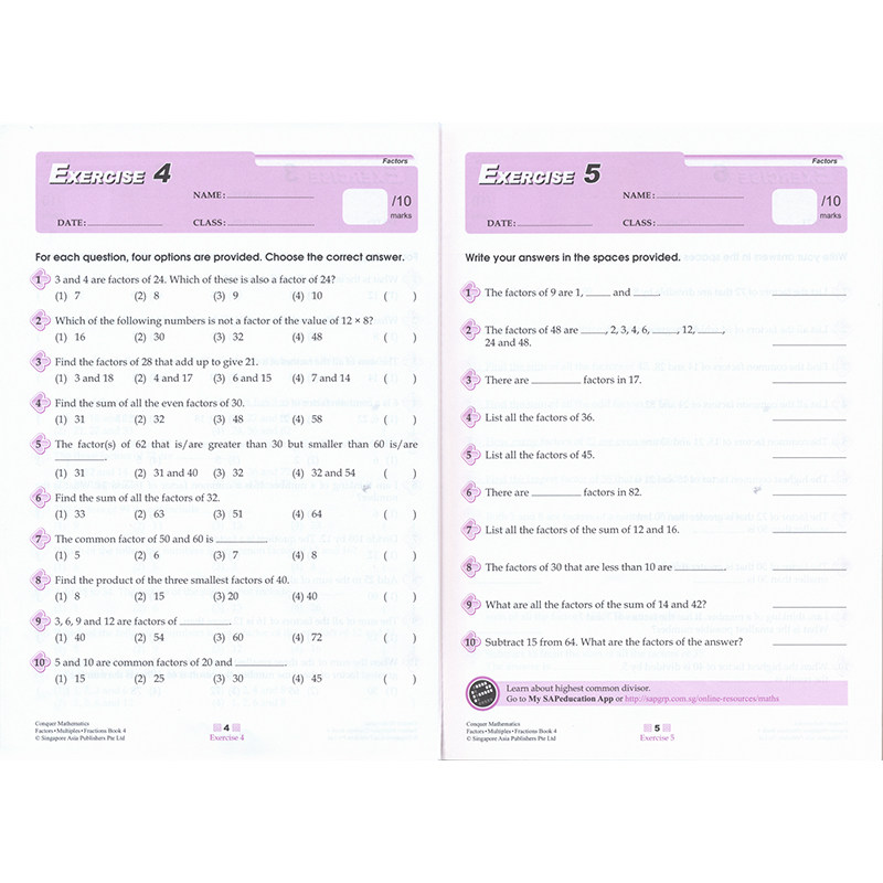 SAP Conquer Mathematics 4 Factors Multiples Fractions数学因数倍数分数新加坡数学攻克版小学 ...