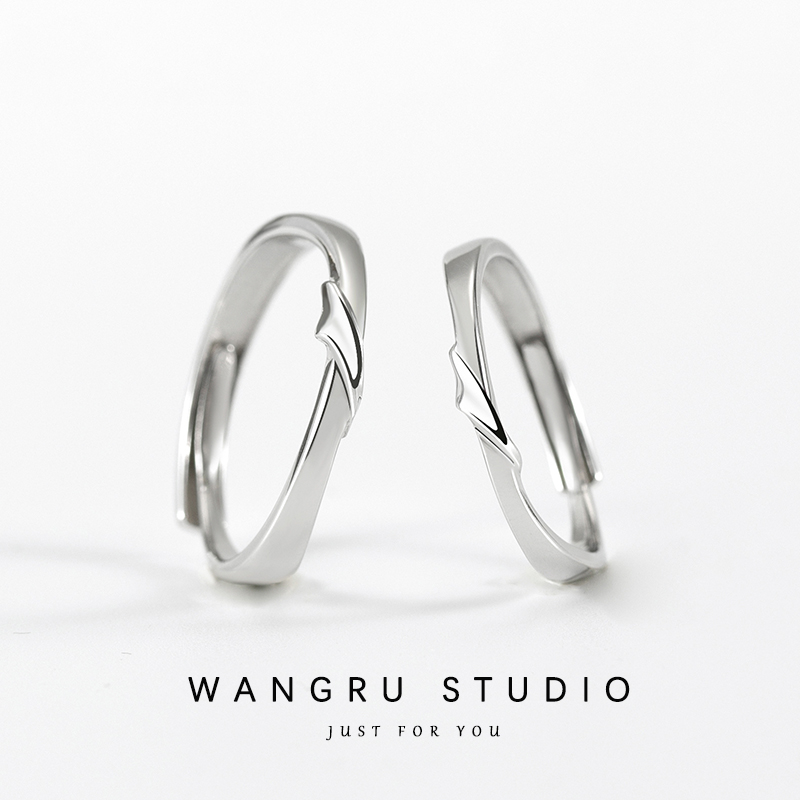WANGRU往如纯银一对情侣戒指男女小众设计开口戒指