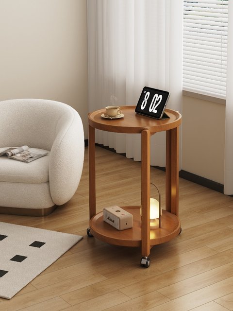 All solid wood side table, round small coffee table with wheels ...