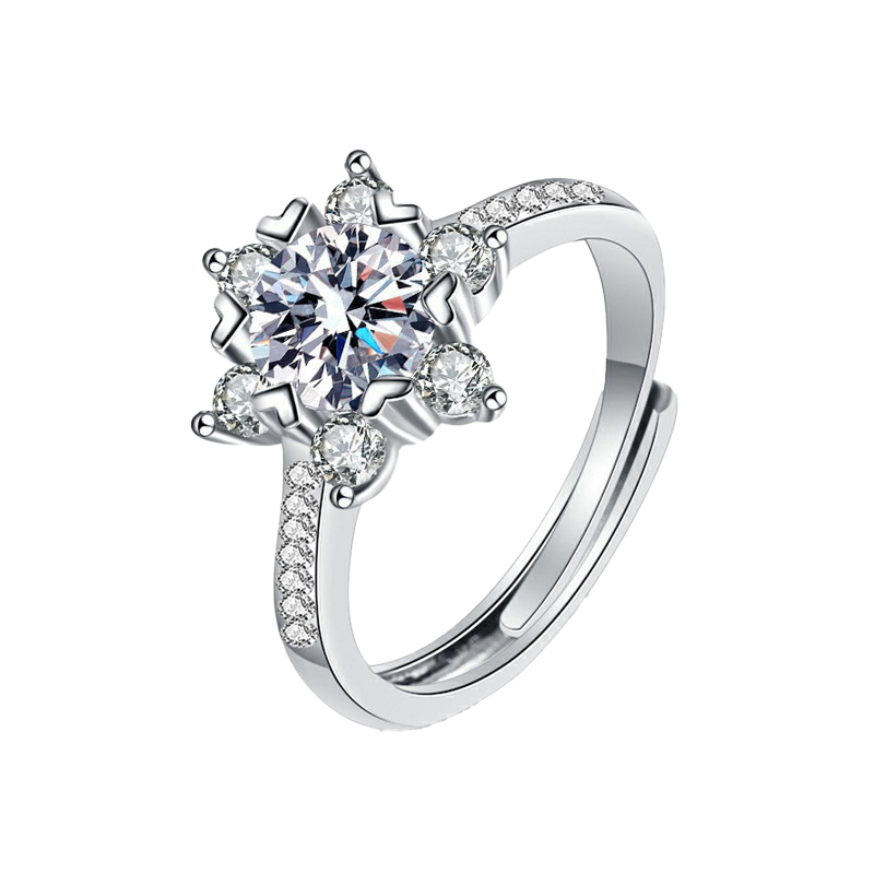D色莫桑石925純銀戒指女設計感小眾雪花鑽戒時尚仿真鑽石開口戒指-Taobao