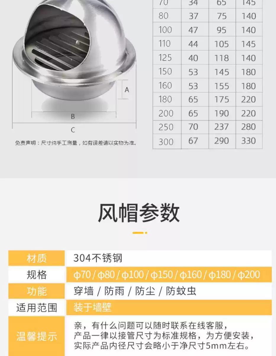 304不锈钢穿墙风帽出风口排气口出油烟机风罩外墙防雨排风帽防尘