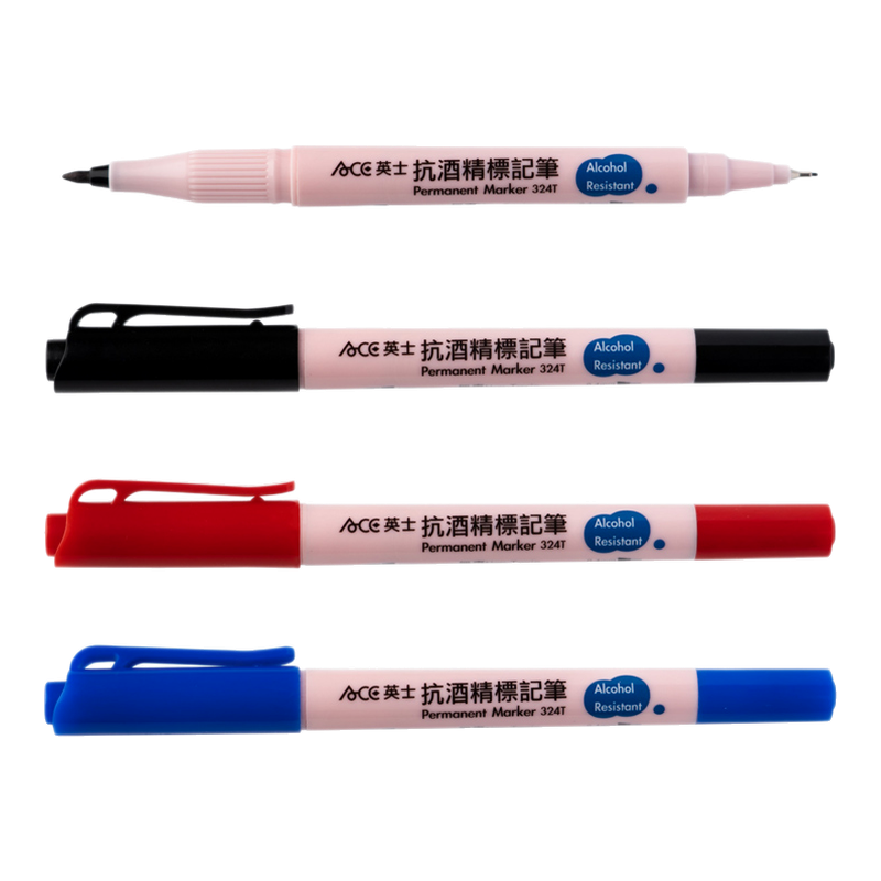 ACE英士324T抗酒精记号笔防75%酒精实验室小双头记号笔0.5 /1.0mm油性防水速干款笔尖量杯试管标记笔