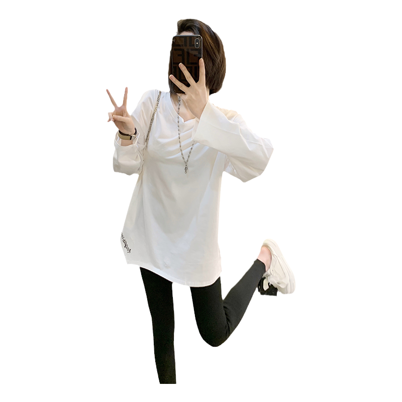早春白色长袖t恤女宽松纯棉2023新款不规则打底中长款内搭上衣女-Taobao