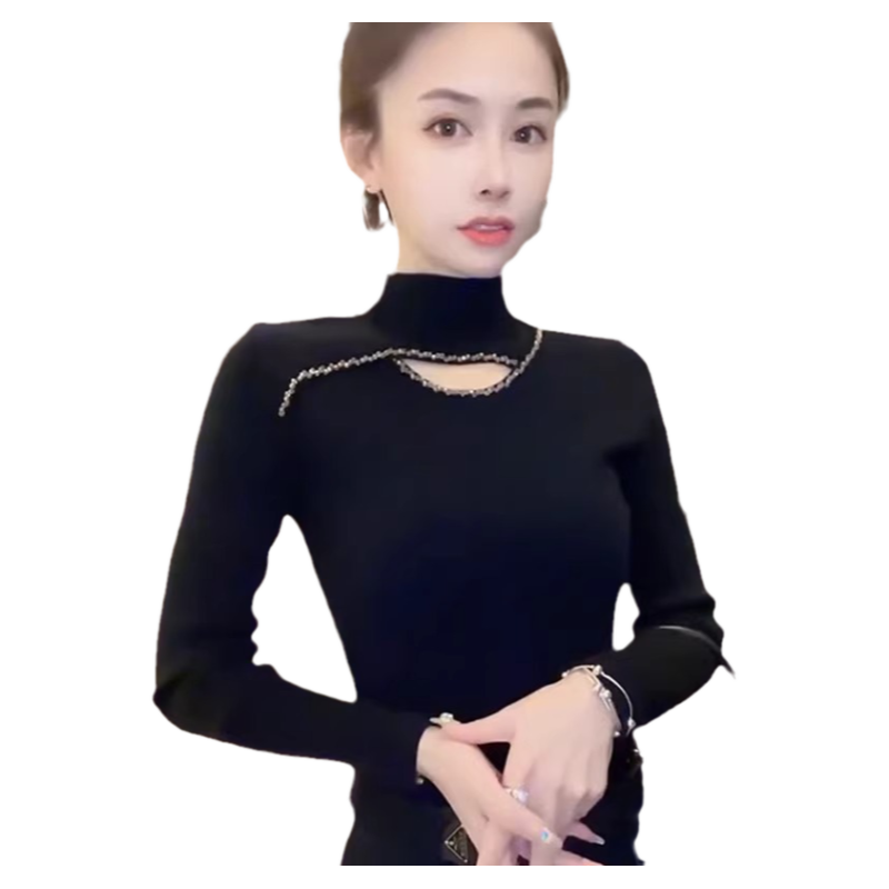 半高领胸前镂空长袖针织衫女2025年秋冬修身上衣时尚钉珠打底毛衣-Taobao Vietnam