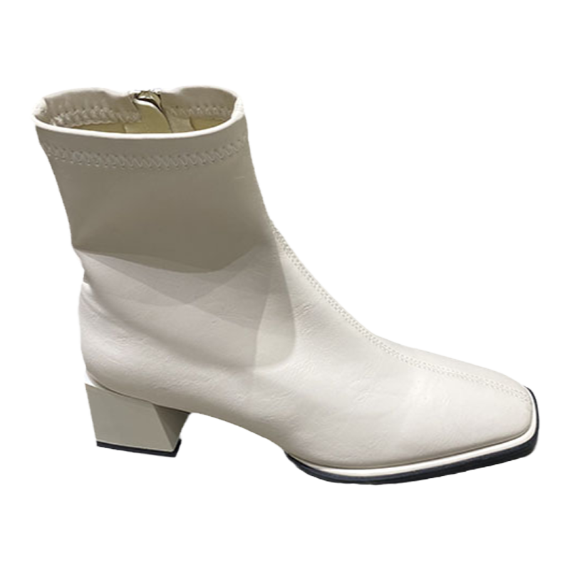 Classy key日本設計師聯名款氣質百搭方頭皮靴加絨保暖粗跟短筒靴-Taobao