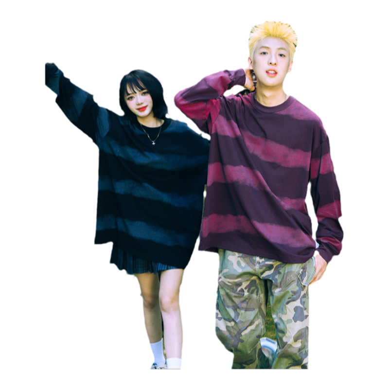 SOSTINE 「条纹扎染 设计感」情侣百搭长袖T恤男情侣款秋季宽松潮