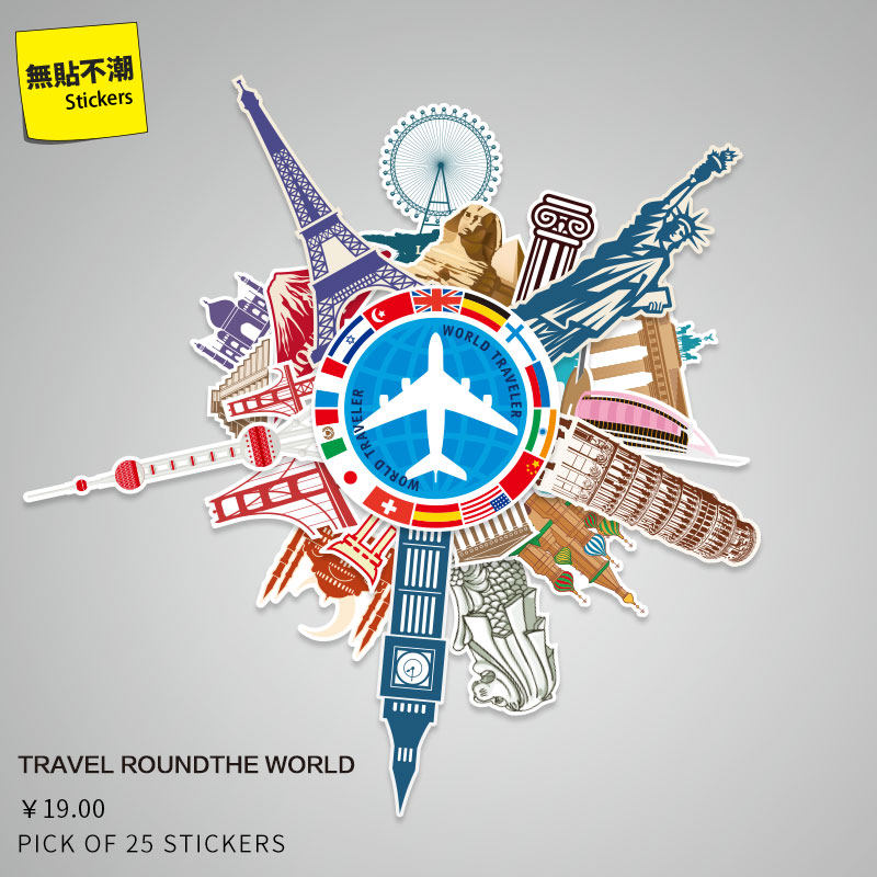 Vintage world landmark luggage stickers: stylish travel suitcase decals ...