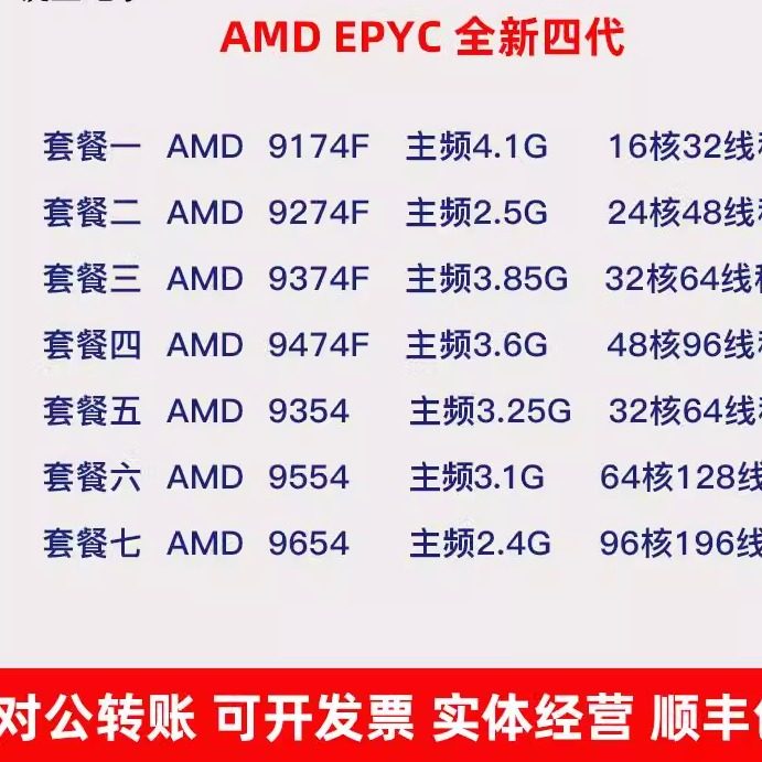 AMD EPYC四代 9174F/9274F/9374F/9474F/9554/9654/9754服务器CPU