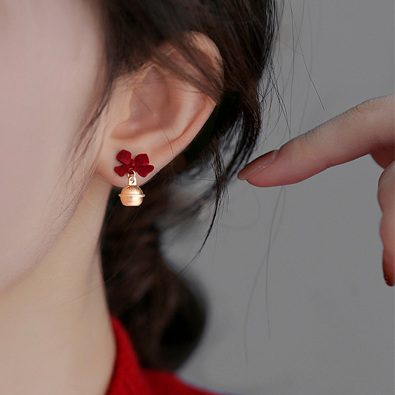 Z小姐925银针红色蝴蝶结铃铛耳钉2023新款爆款轻奢小众设计耳饰女-Taobao