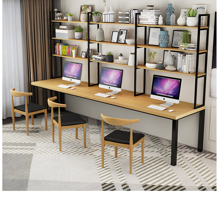 铁艺loft实木一体书架书桌组合家用免钉墙书房靠墙双人办公电脑桌-阿里巴巴