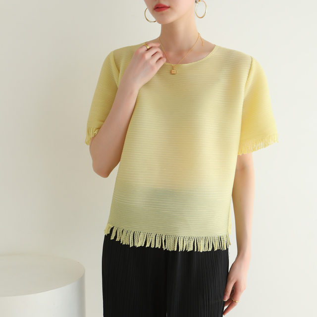 High-end tassel pleated round neck top for women 2025 summer style ...
