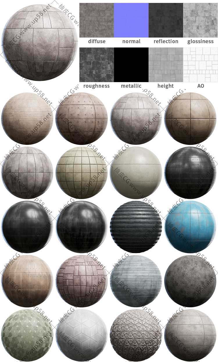 3dmax C4D KeyShot Maya Vray水泥砌块镶板外墙壁无缝贴图素材库 - 柚皮CG