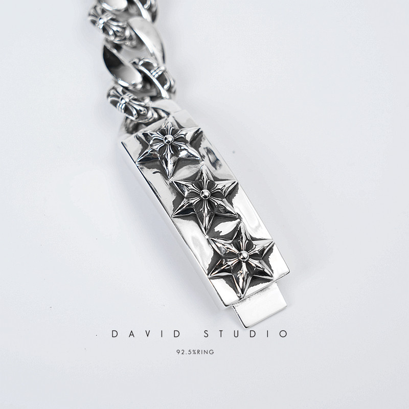 David Studio925纯银手链：男士粗犷朋克风，六芒星十字架三联排设计，时尚潮流新宠！🌟-手链-淘宝好物网