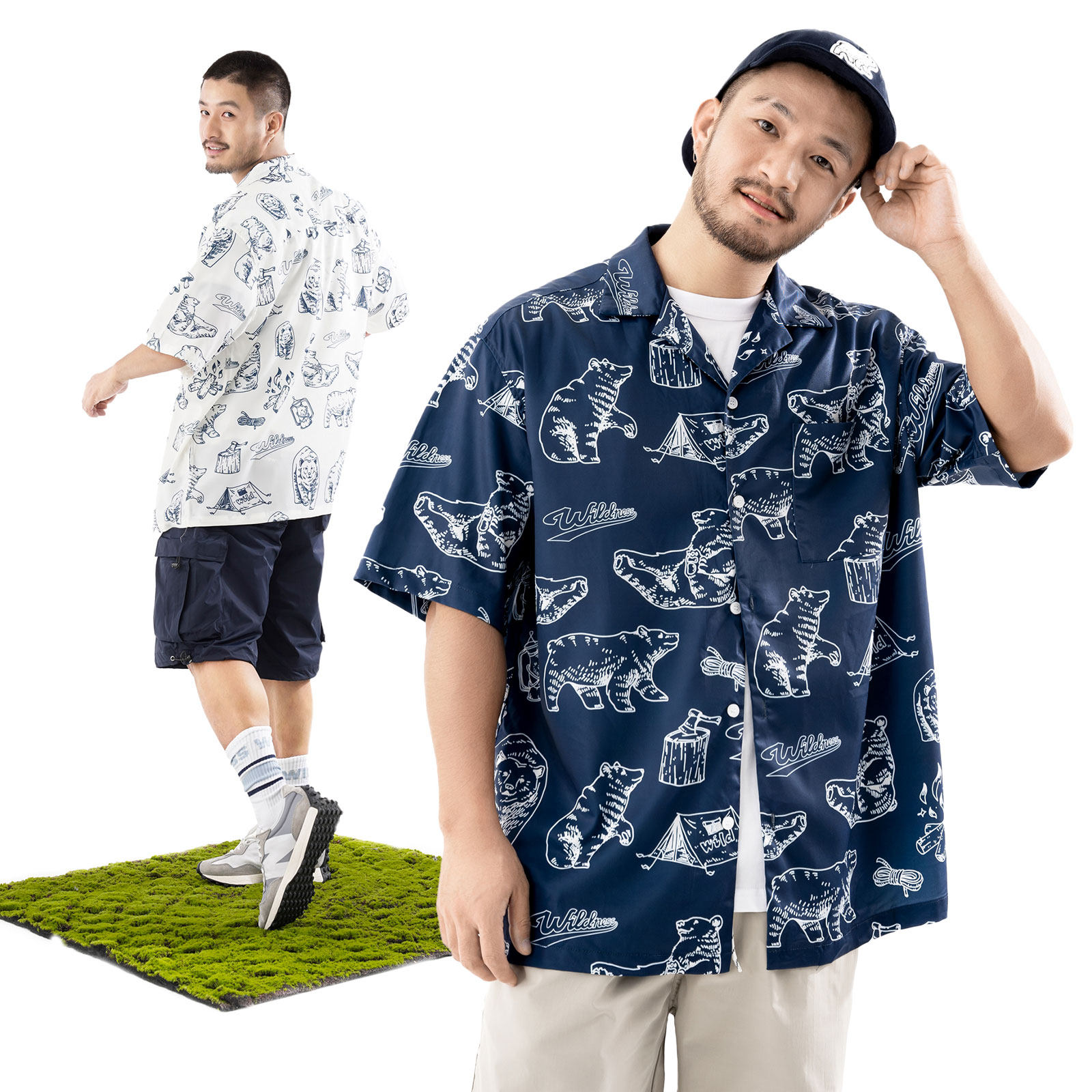 MCREW WILDNESS戶外系列藏青白色滿印古巴領夏威夷短袖襯衫襯衫-Taobao