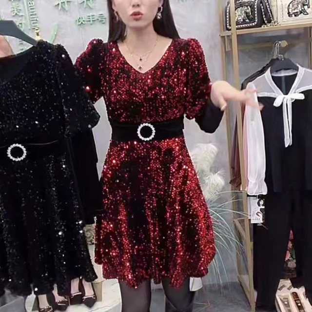 Spring and autumn new sequins dress foreign style, long -sleeved base ...