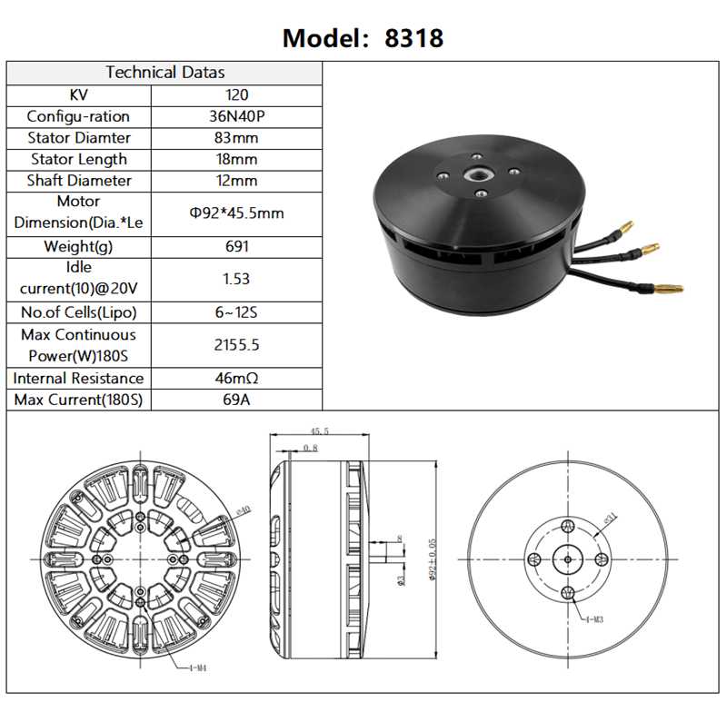 8318 120KV Motor Loan Brushless Propulsion System 32105 3010 32 Inch ...