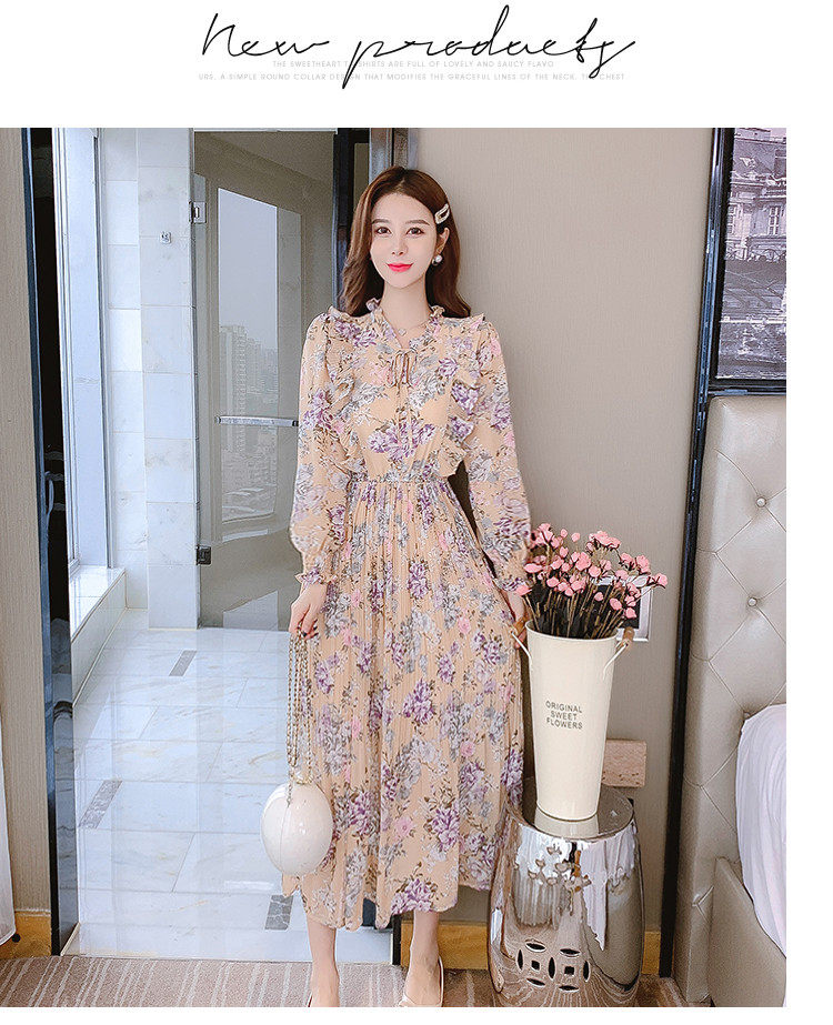 Jual Musim semi warna terang gaun cetak retro manis daun teratai kerah ...