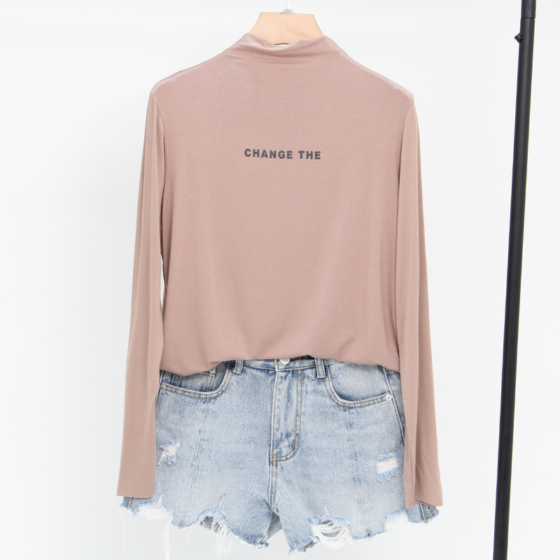 欧洲站洋气字母上衣2023秋薄款半高领内搭T恤印花修身显瘦打底衫-Taobao