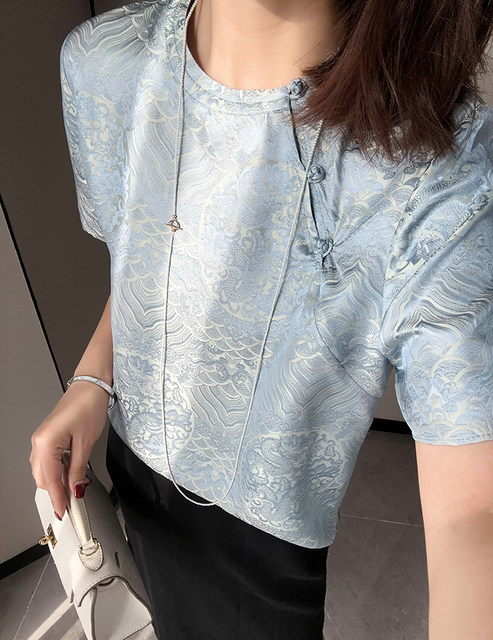 Elegant temperament! Blue silk jacquard slanted placket button new ...