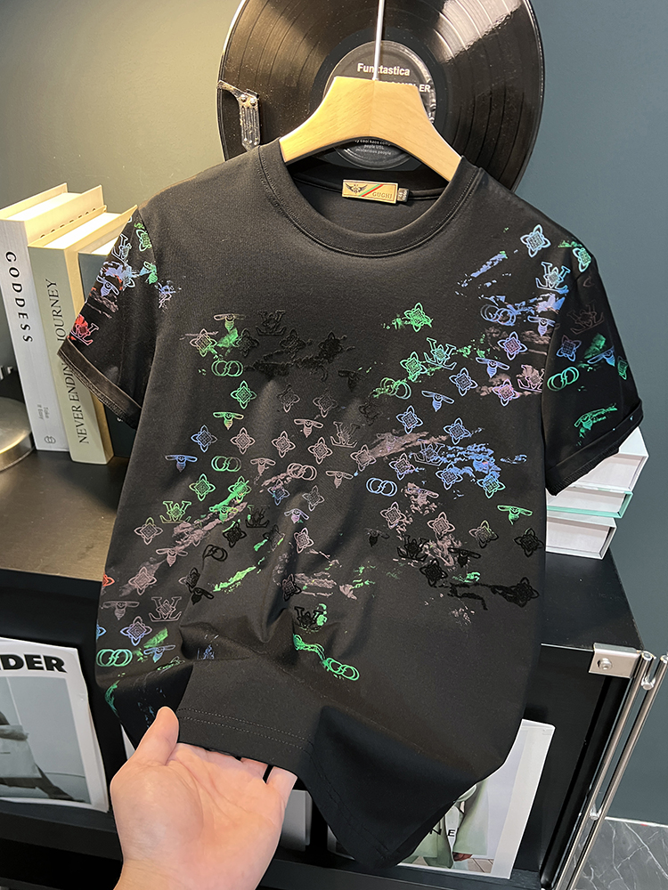 2024夏季歐洲站潮牌網紅印花短袖T恤男時尚修身百搭帥氣圓領T薄潮-Taobao