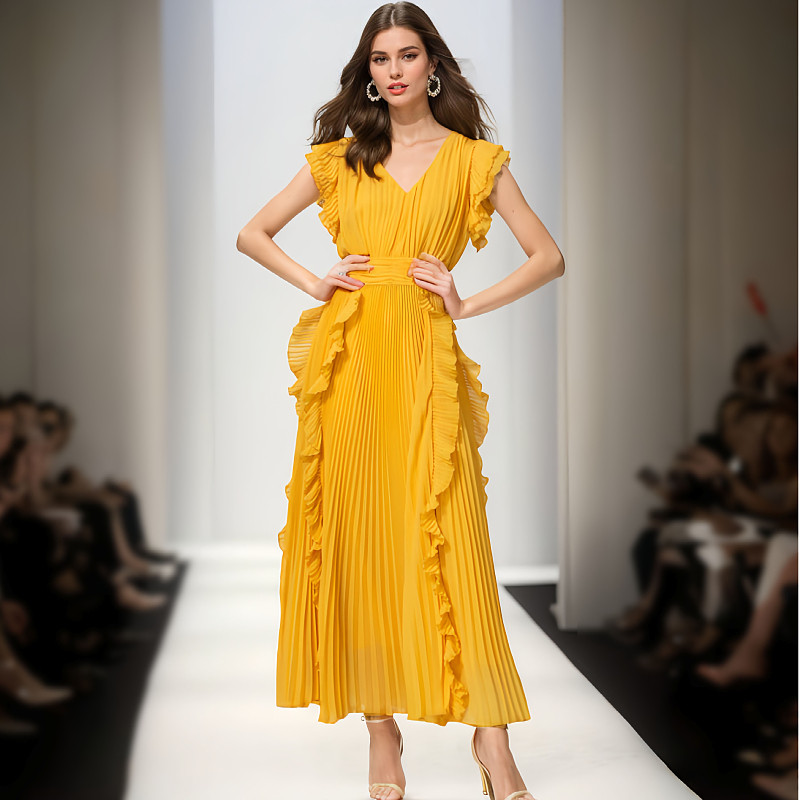 kjmj！轻奢 ~高级感！设计感荷叶边长裙女神范气质收腰百褶连衣裙-Taobao