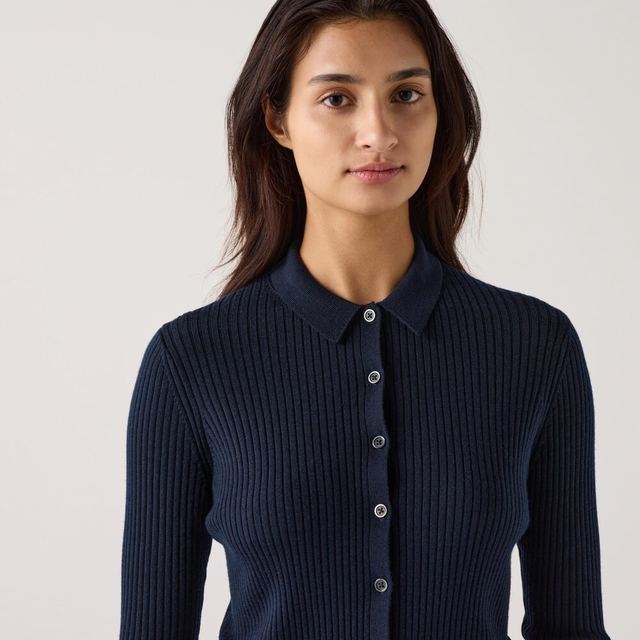 Uniqlo women's worsted merino wool ribbed polo collar knitted cardigan ...