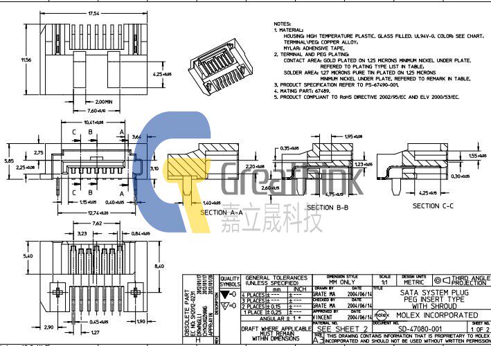 47080-4001 0470804001MOLEX原厂CONN SATA PLUG 7POS SMD R/A-阿里巴巴