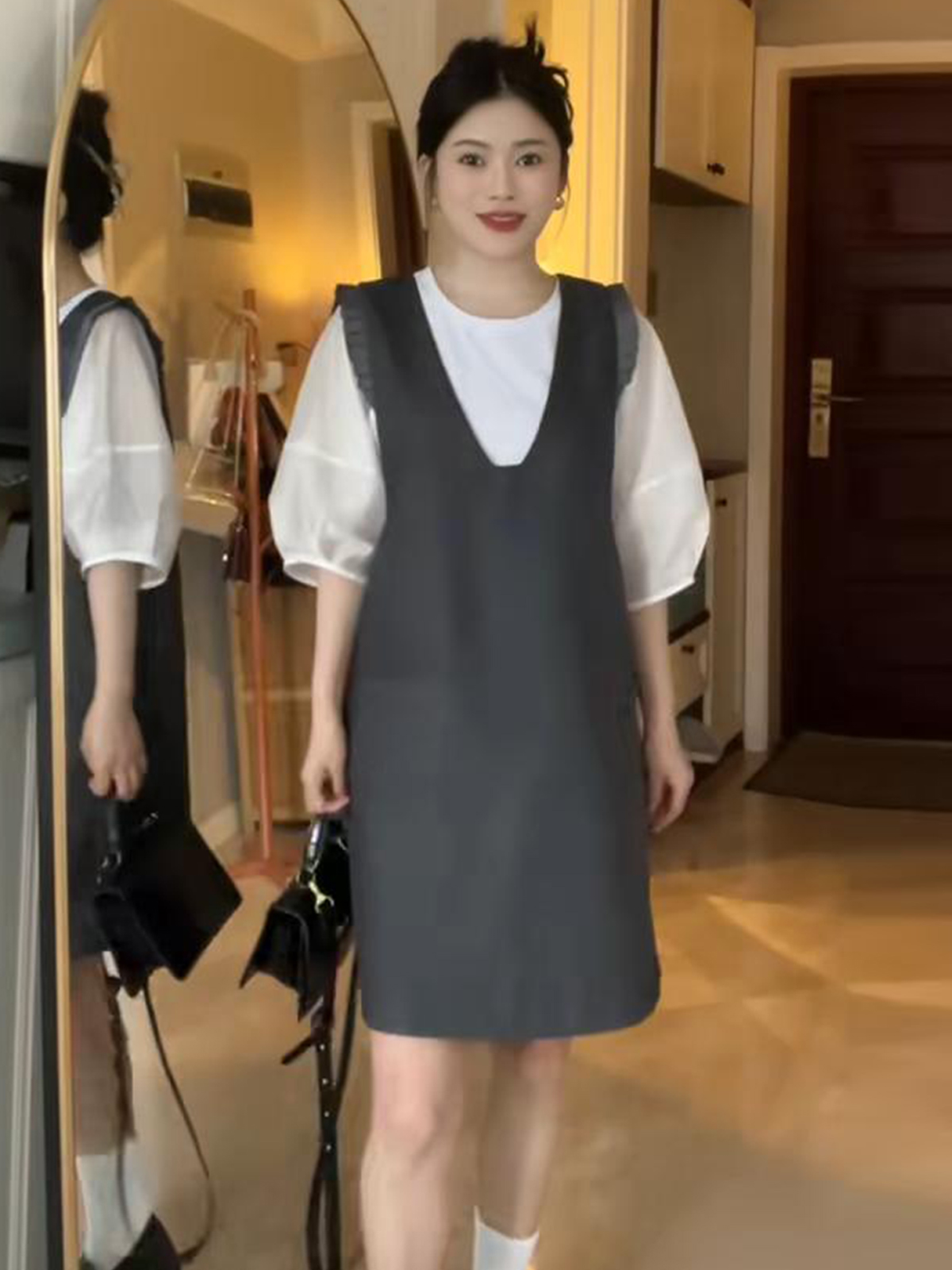 大尺碼抱嬰袋裙套裝女夏季胖mm顯瘦小個子氣質高級感洋裝時尚兩件套-Taobao