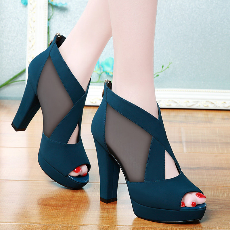 2021 Summer Women High Heel Shoes Mesh Breathable Pomps Zip-Taobao