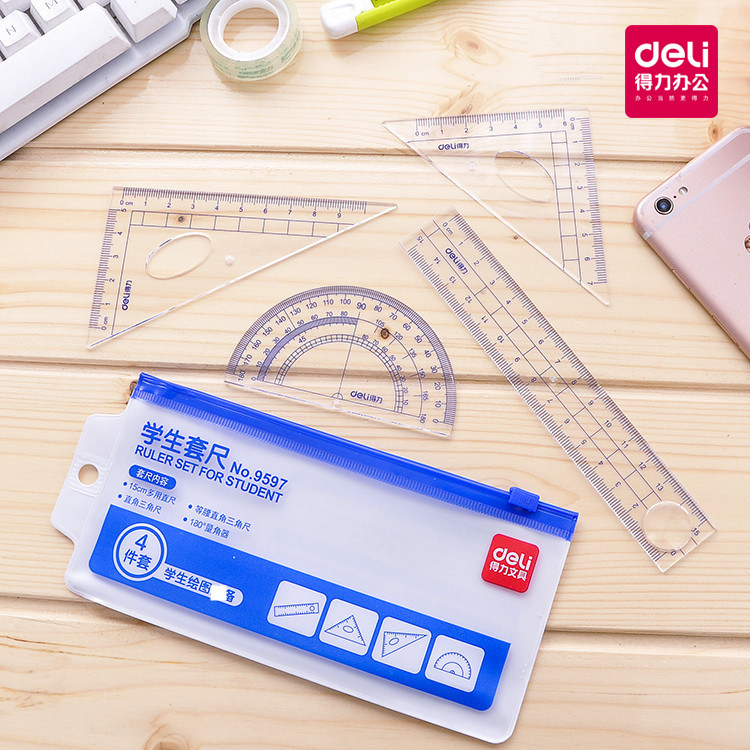 [USD 4.58] Deli Ruler Four Piece Set Transparent Measuring Angle ...