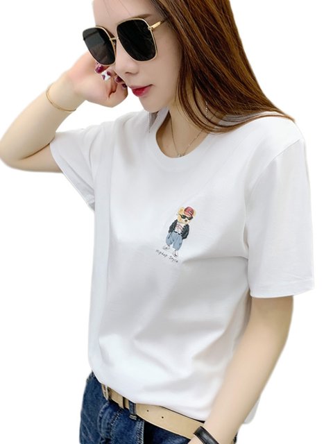 Short-sleeved 2025 new women's summer loose white European T-shirt bear ...