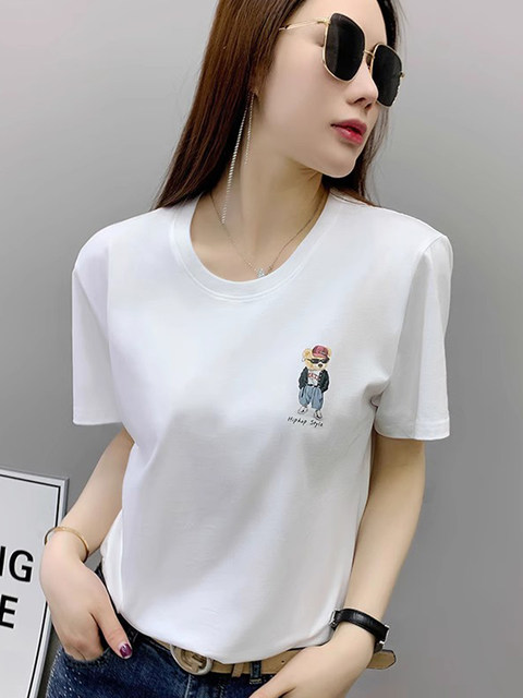 Short-sleeved 2025 new women's summer loose white European T-shirt bear ...