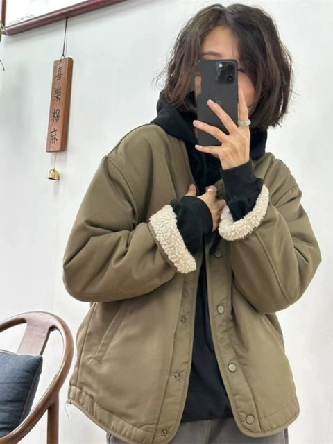 Two-sided retro casual cotton jacket lamb wool cotton jacket for women ...