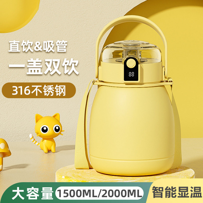 吨吨桶保温杯316不锈钢2000ml毫升大容量智能显温大肚吸管水壶女