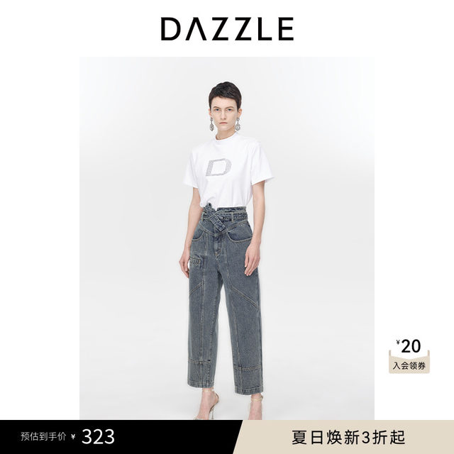 DAZZLE Disuole T-shirt Spring and Autumn Women's Clothing Rhinestone White Simple Letter Logo ...