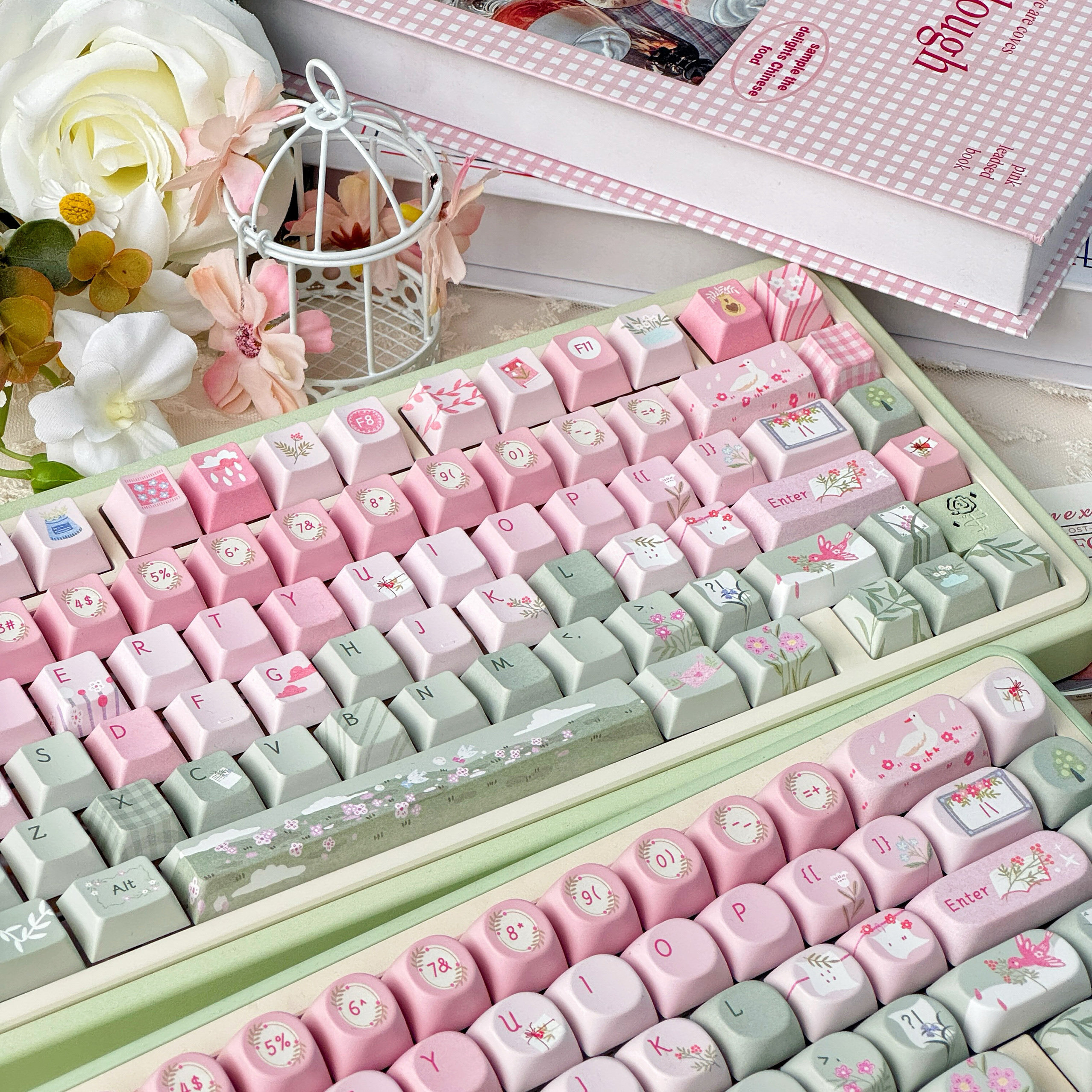 Yiduo peripherals—spring story pink and green themed keyboard cap: full ...