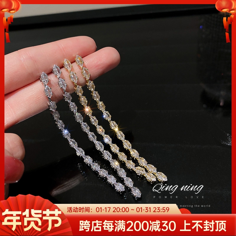 925银针韩国时尚简约个性耳环锆石流苏长款耳坠网红设计感耳饰女-Taobao