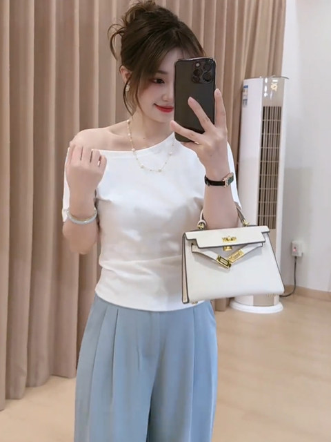 2025 summer new slanted neck off-shoulder fashionable short-sleeved T ...